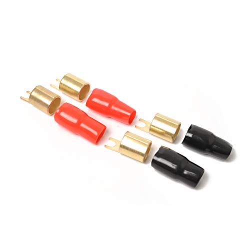 VOSAREA 2 Pairs Connectors Adapters Crimp Barrier Spades Copper Gold Plated 0 Gauge Spade Terminal Crimp for Speaker Wire Cable Terminal Plug- 0GA (Red and Black)