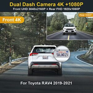 Fitcamx 4K Front and Rear Dash Cam Suitable for Toyota RAV4 2021 2020 2019 LE Limited Premium XLE TRD Hybrid Prime XSE SE Venza 2021 2022(Model A), OEM Look Dual 2160P+1080P Video WiFi, 128GB Card