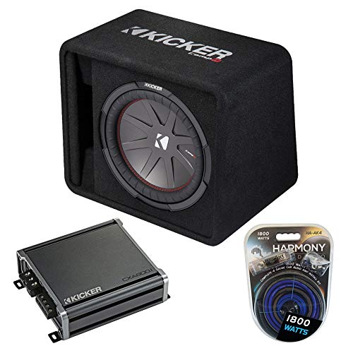 KICKER 43VCWR122 12" CompR Series Sub 500W RMS 2 Ohm Vented Loaded Subwoofer Enclosure, 46CXA8001 Class D Amp Mono 1600W Peak Sub Amp and HA-AK4 Complete 4 Gauge 1800W Amp Install Kit - Refurbished