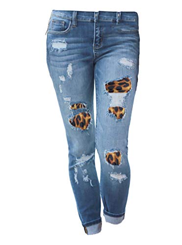 Andongnywell Plus Size Mid Waist Colombian Design Ripped Skinny Jeans (Blue,Large)