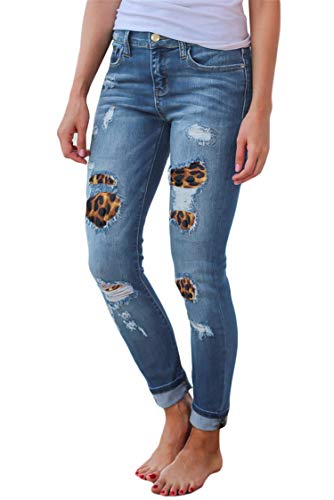 Andongnywell Plus Size Mid Waist Colombian Design Ripped Skinny Jeans (Blue,Large)