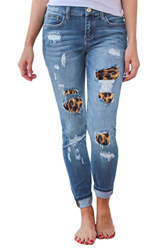 Andongnywell Plus Size Mid Waist Colombian Design Ripped Skinny Jeans (Blue,Large)