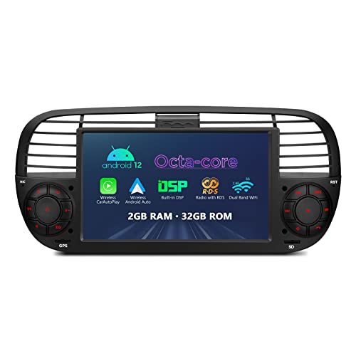 XTRONS Single Din Car Stereo Android 12 Car Radio Player 7 Inch Touch Screen GPS Navigation 1 Din Bluetooth Head Unit Built-in DSP Car Play Android Auto Support Backup Camera OBD2 DVR for Fiat 500