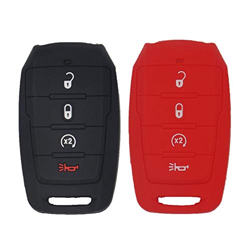 EXUNTECH 2pcs Silicone 4 Buttons Rubber Remote Smart Key Fob Smart Key Fob Cover Pouch Glove Keyless Entry Case for Dodge Ram 1500 2019 2020 OHT-4882056 68401332AA ,Black+Red