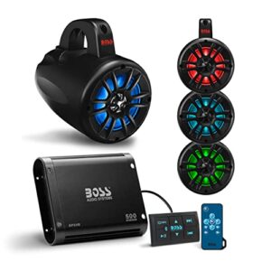 boss audio systems uni4rgb atv utv marine audio stereo system package – bps4b 4 channel full range bluetooth amplifier, 4 mrwt40 4 inch waketower speakers, ipx5 rated weatherproof, tweeters