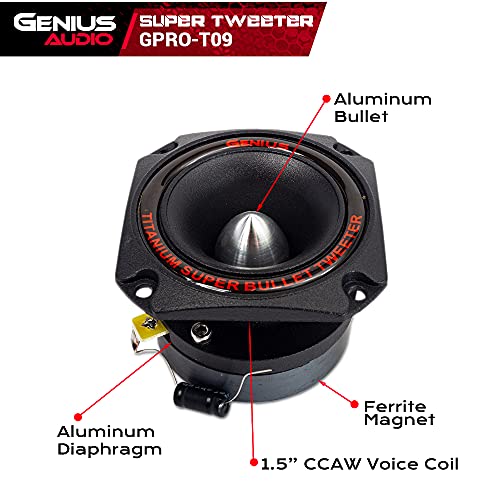 Genius Audio GPRO-T09 1", 35 Watts RMS - 150 Watts Max, Pro Audio Titanium Super Bullet Tweeter Speaker, Aluminum Diaphragm Car Audio Speaker, Ferrite Magnet, 4 Ohms (1 Speaker)