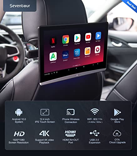 12.4" Android Universal 4K Car TV Headrest Monitor Tablet for Back seat, Support Phone Wireless Connection Mirror Link Touch Screen,with WiFi/Bluetooth/HDMI/USB/AV in/SD/Airplay Video Player(1*pcs)