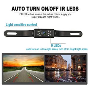 Car Backup Camera HD Night Vision Rear View Camera License Plate Camera with 9 LED Lights, Font & Rear Camera, Wide View Angle, IP69K Waterproof Reverse Camera for Cars,SUV,Trucks,RV, Pickup