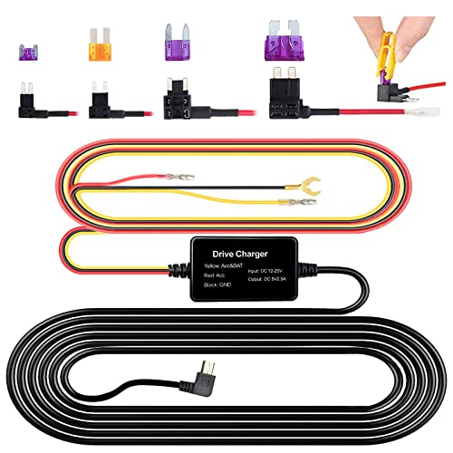 JIXYYO Hardwire Kit for Dashcam 13ft Mini USB Converts 12V-24V to 5V, 24 Hours Parking Mode for Dash Cameras, Low Voltage Protection, 8 Fuse Holders Tap Cable