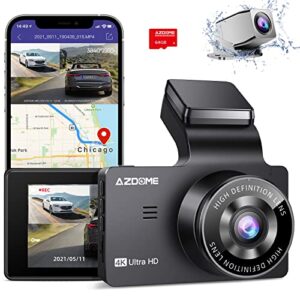 azdome 4k dual dash cam front and rear, built-in gps/wifi(64g sd card included), dashboard camera with uhd 3840x2160p, 3″ display, sony sensor, 170° fov, wdr, night vision, parking monitor, g-sensor