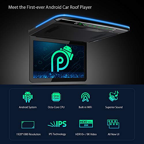 XTRONS Android Car Overhead Player 13.3 Inch Wide IPS Screen Car Roof Mount Monitor with Built-in Stereo Speakers Flip Down Overhead Car Monitor Support 8K Video, Bluetooth, WiFi, HDMI, USB, IR