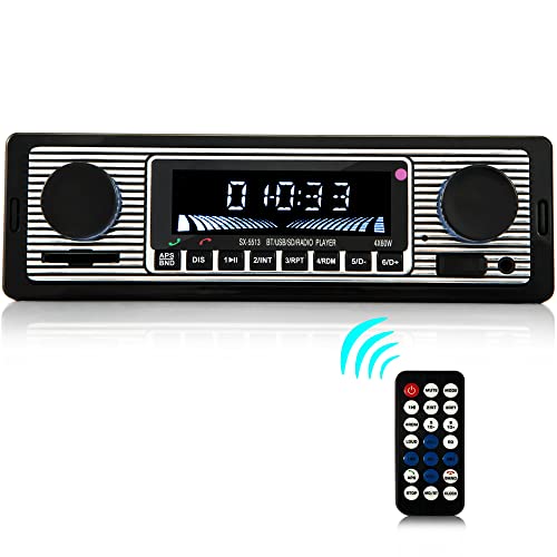 RuiFuDio Classic Bluetooth Car Stereo,Single Din Bluetooth Audio and Hands-Free Calling,Built in Microphone,FM Radio Receiver with USB,AUX in,SD Card Port,Wireless Remote Control,Clock Display,60W× 4