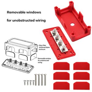 AMOMD 2PCS 300A Bus Bar Box Heavy Duty Module Design Nickel Plated Brass Buss Battery Power Distribution Block with 4xM8(5/16") Stainless Steel Terminal Studs Marine Ground DC12 24 48V（Red & Black）