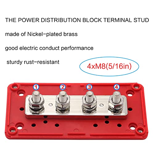 AMOMD 2PCS 300A Bus Bar Box Heavy Duty Module Design Nickel Plated Brass Buss Battery Power Distribution Block with 4xM8(5/16") Stainless Steel Terminal Studs Marine Ground DC12 24 48V（Red & Black）