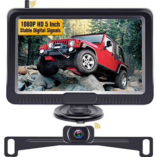 Wireless Backup Camera HD 1080P 5 Inch Monitor Stable Digital Signals Bluetooth Rear View Reverse License Plate Cam for Car Truck Camper Wide Viewing Angle DIY Parking Guide Lines D35