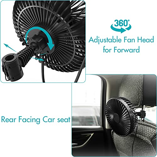 YONHISDAT Car Fan for Backseat, 6-inch USB Powered Car Seat Fan, 3 Speeds & 360° Rotatable, Powerful Air Circulation Fan with Adjustable Holder for Vehicles Like Sedan, SUV, RV, Pickup