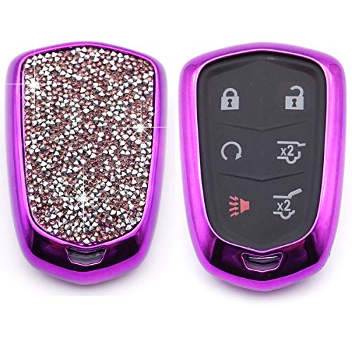 Royalfox(TM) 4 5 6 Buttons 3D Bling keyless Entry Remote Smart Key Fob case Cover for 2016 2017 2018 2019 2020 2021 Cadillac CT6 XT5 CTS XTS SRX ATS DTS STS Accessories (Purple case only)