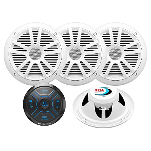 BOSS Audio Systems MG250W.64 Marine Speakers and Gauge Receiver (Built-in 4 CH Amplifier) Package – IPX6 Weatherproof, Bluetooth Audio, No CD, USB, Aux-in, 6.5 Inch Speakers, Full Range