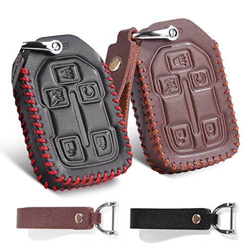 FENGRUISI 2Pcs Genuine Leather Smart Key Keyless Remote Entry Fob for or 2019-2021 Chevrolet Silverado 1500, 2500, 3500, 2019-2021 GMC Sierra (Brown/black)