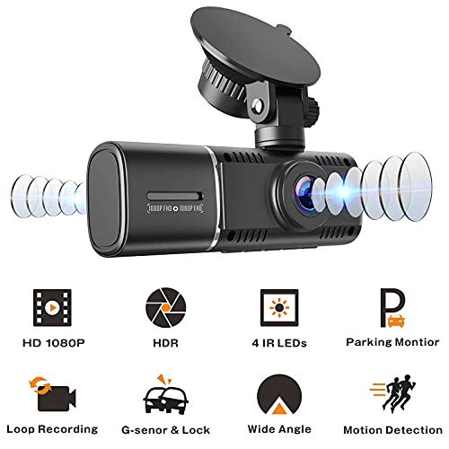 1080P Dual Dash Cam Front and Cabin Car Dashboard Camera with IR Night Vision,1.5in LCD Driving Recorder Motion Detection Parking Monitoring Accident Locked Loop Recording