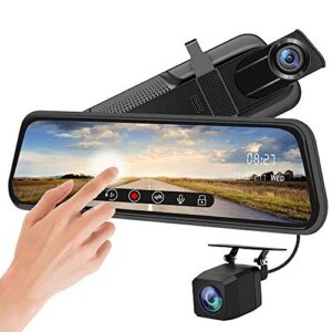 backup camera 10 inch mirror dash cam dual lens front rear dash camera 1080p full touch screen video streaming rear view mirror loop recording, parking monitor, night vision, waterproof rear camera