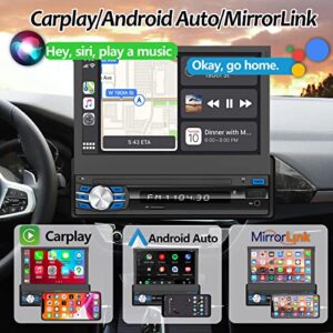 Single Din Car Stereo Compatible with Apple Carplay Android Auto, 7inch HD Flip Out Screen Car Stereo with Bluetooth, Single Din Touchscreen Car Stereo Car Audio Receivers, FM/USB/AUX/TF/Subwoofer