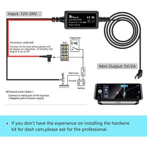 Dash Cam Hardwire Kit Mini USB Bangjia 12V-24V to 5V/2A Car Dash Camera Charger Power Cord（11.5ft