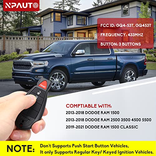 NPAUTO Key Fob Fobik Replacement for Dodge Ram 1500 2013-2021, Ram 2500 3500 4500 5500 2013 2014 2015 2016 2017 2018 Truck Keyless Entry Remote Control Key Fobs (GQ4-53T, 3 Buttons, 433 MHz, 2-Pack)