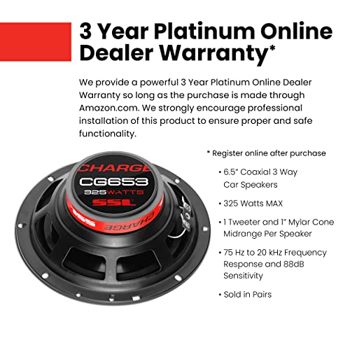 Sound Storm Laboratories CG653 Charge Series 6.5 Inch Car Stereo Door Speakers - 325 Watts Max, 3 Way, Full Range Audio, Tweeters, Coaxial, Sold in Pairs