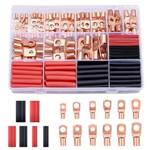 240pcs copper wire lugs battery terminals battery cable ends, awg 2 4 6 8 10/12 gauge wire connectors, 110pcs wire lugs terminal connectors with 130pcs heat shrink tubing for marine electrical