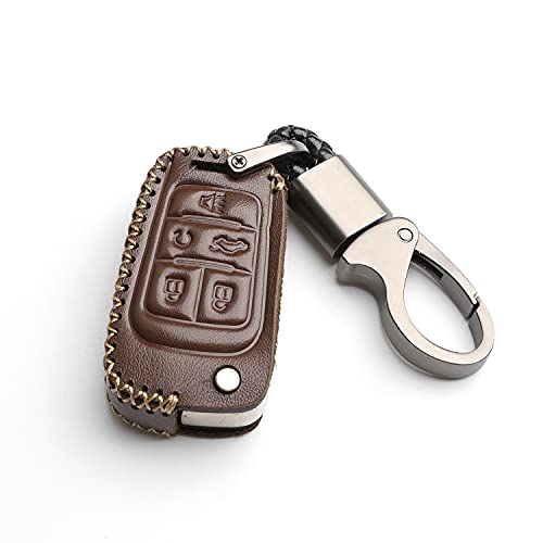 WFMJ Leather for Chevrolet Camaro Cruze Sonic Buick GMC Flip 5 Buttons Key Fob Case Cover Chain (Brown)