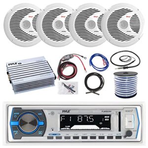 pyle 16-25′ bay boat bluetooth marine stereo receiver, 4 x 150w 6.5” marine speakers (white), 4 channel waterproof amplifier, amp install kit, 18 gauge 50 ft speaker wire, antenna