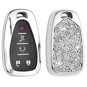 royalfox 3 4 5 6 buttons 3d bling diamond rhinestones girly smart remote key fob case cover for 2016 2017 2018 2019 2020 2021 2022 chevy chevrolet malibu camaro cruze traverse (silver)