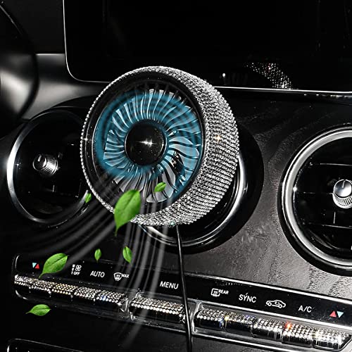 Car Fans with 3 Speeds Car Cooling Fan 360° Rotatable Car Fans with Bling Rhinestones Crystal and LED Light Car Vent Fan USB Car Cooling Air Fan for Cars Vehicles SUVs Vent