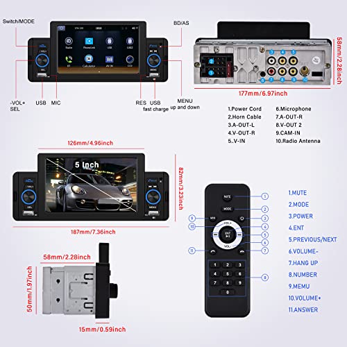 Single Din Car Stereo with Mirror Link, 5 inch Car Audio Receiver Touch Screen with Bluetooth FM AUX TF Card Input SWC EQ USB Fast Charging + Backup Camera Microphone Remote Control