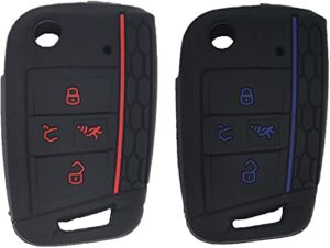 exuntech 2pcs silicone remote key fob cover compatible for 2020 2019 2018 2017 vw volkswagen golf alltrack sportwagen gti tiguan atlas polo skoda octavia, red blue buttons