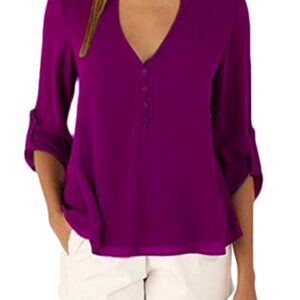 Andongnywell Women Button V-Neck Casual Tops T-Shirt Loose Top Blouse Pull Sleeve Loose Chiffon Shirt (Purple,4,X-Large)