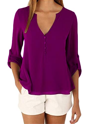 Andongnywell Women Button V-Neck Casual Tops T-Shirt Loose Top Blouse Pull Sleeve Loose Chiffon Shirt (Purple,4,X-Large)