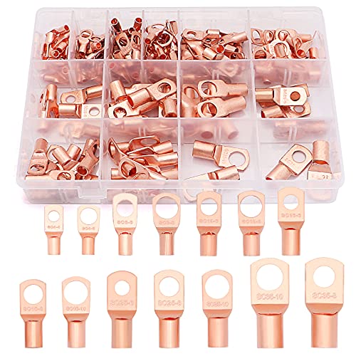 174pcs Copper Battery Cable Ends 14 Sizes Battery Wire Lugs Eyelets Tubular Ring Terminal Connectors SC Terminals for Automotive Supplies AWG2/4/6/8/10/12