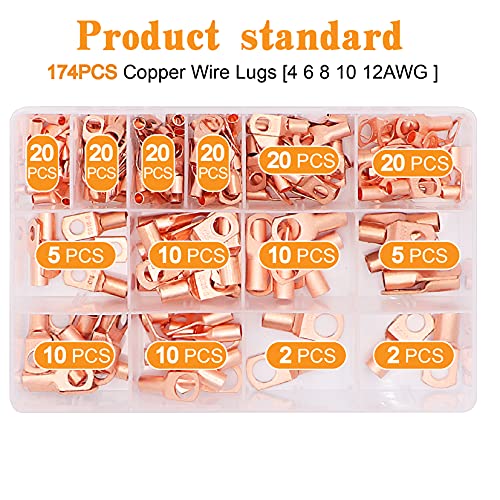 174pcs Copper Battery Cable Ends 14 Sizes Battery Wire Lugs Eyelets Tubular Ring Terminal Connectors SC Terminals for Automotive Supplies AWG2/4/6/8/10/12