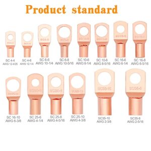 174pcs Copper Battery Cable Ends 14 Sizes Battery Wire Lugs Eyelets Tubular Ring Terminal Connectors SC Terminals for Automotive Supplies AWG2/4/6/8/10/12