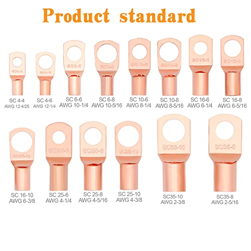 174pcs Copper Battery Cable Ends 14 Sizes Battery Wire Lugs Eyelets Tubular Ring Terminal Connectors SC Terminals for Automotive Supplies AWG2/4/6/8/10/12