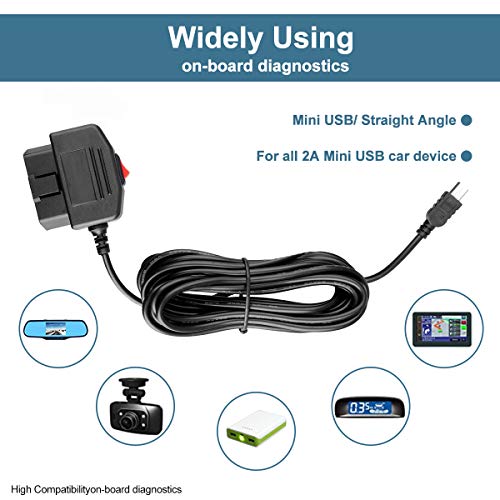 【2 Pack】 OBD Power Cable, Mini USB Port OBD2 Power Cable for Dash Camera 24 Hours Surveillance/Acc Mode with Switch Button, 16Pin OBDII Adapter Hardwire Charger Cable 12-26V to 5V