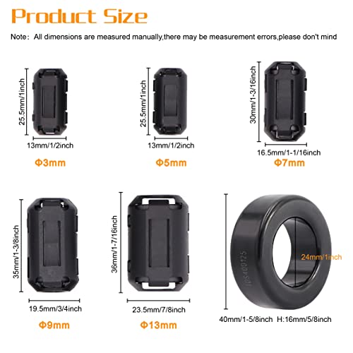 Taigoehua 27 Pieces RFI EMI Noise Suppressor Cable Clip for 3mm/ 5mm/ 7mm/ 9mm/ 13mm Diameter Cable with 40X24X16mm Ferrite Ring Toroid core Iron (Black)