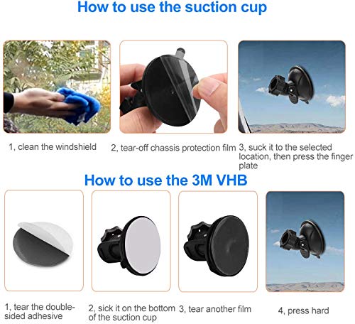 QveeQ Dash Cam Suction Cup Mount Compatible with Crosstour, APEMAN, YI 2.7", Z-Edge Z3 3" and Most Other Dash Cam with 16 Different Points, 3 x Glue Double Sided Adhesive Tapes, 3 Wipes(Dry and Wet)