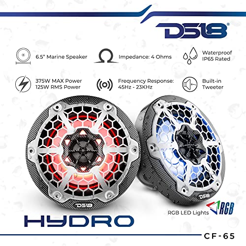 DS18 Hydro CF-65M - High End Carbon Fibre Coaxial Speaker Pair - 2-Way Marine Speaker w/Integrated RGB Lights - 375 Watt - 100% UV Stable - Water Resistant Speakers - 6.5 Inches