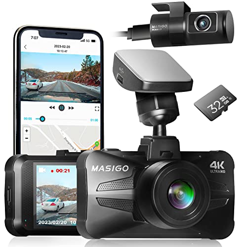 MASIGO Dash Cam Front and Rear with APP, True 4K/2.5K Full HD Dash Camera for Car, Built-in 5G WiFi GPS, Super Night Vision, HDR, 24H Parking Mode, Supercapacitor, Support 256GB Max, Free 32GB SD Card