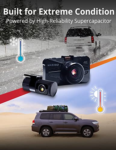 MASIGO Dash Cam Front and Rear with APP, True 4K/2.5K Full HD Dash Camera for Car, Built-in 5G WiFi GPS, Super Night Vision, HDR, 24H Parking Mode, Supercapacitor, Support 256GB Max, Free 32GB SD Card