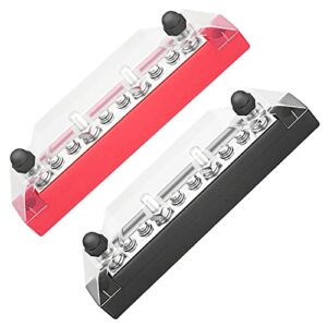 royfacc bus bar power distribution block 4 x 1/4″ studs 6 x m4 screw terminal block with cover 150 amp rating for car boat marine caravan rv (black + red)