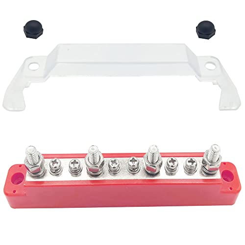 ROYFACC Bus Bar Power Distribution Block 4 x 1/4" Studs 6 x M4 Screw Terminal Block with Cover 150 Amp Rating for Car Boat Marine Caravan RV (Black + Red)